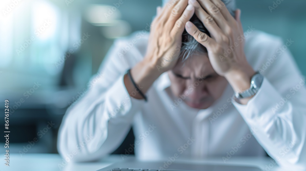 Stressed businessman holding his head in frustration at work ...