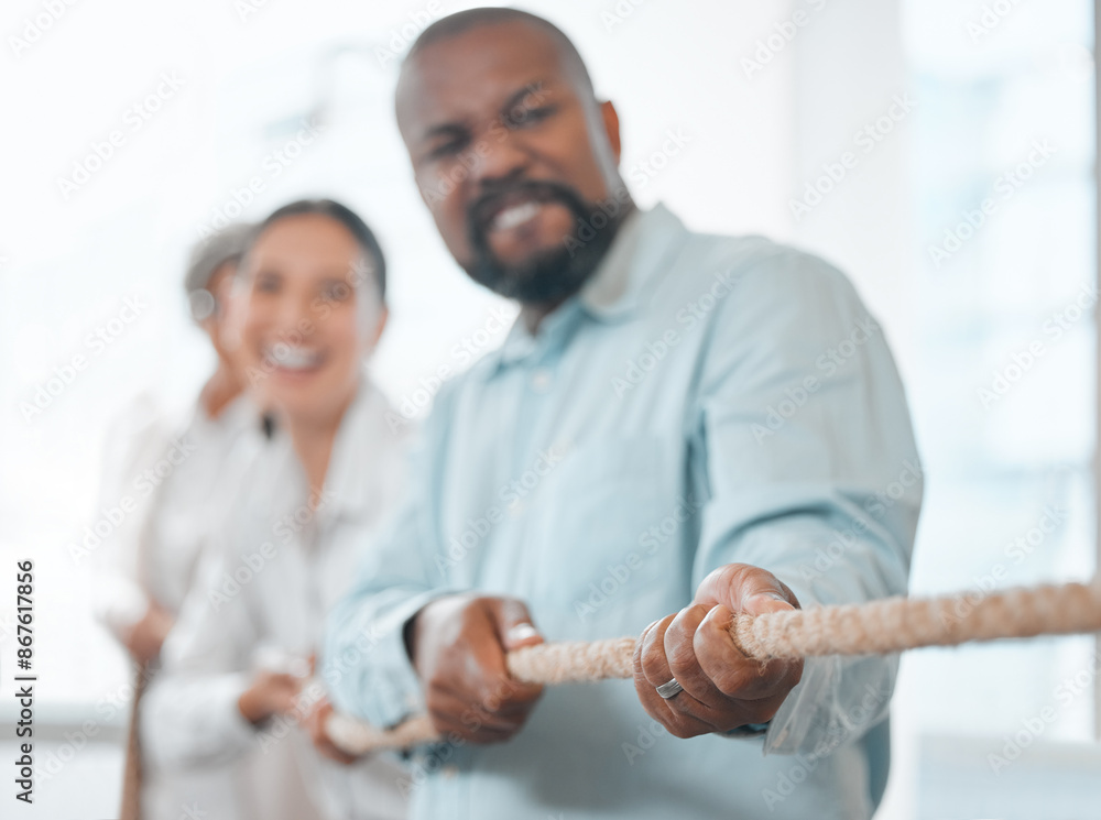 Office, man and leader pulling rope with strength for team build ...