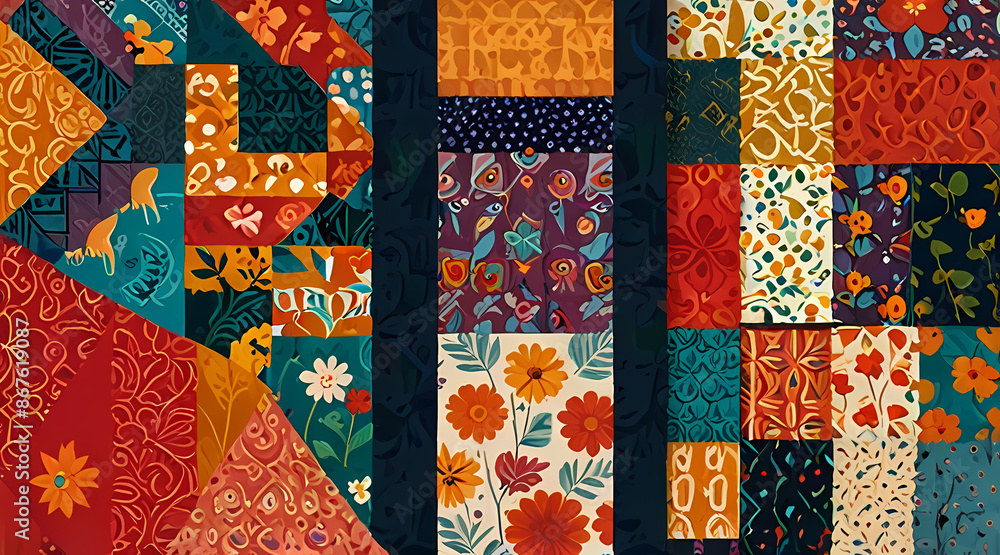 Create a vibrant patchwork quilt illustration using a mix of ...