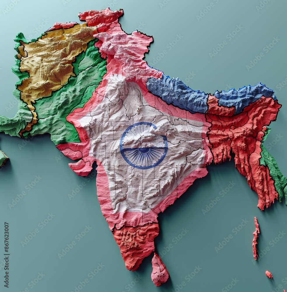 3D topographic map of the Indian subcontinent with countries ...