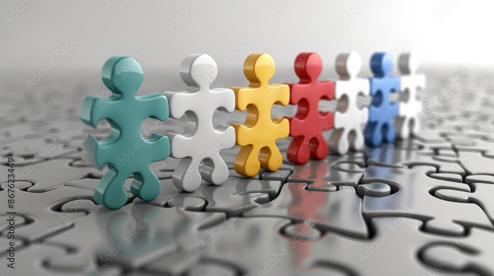 Six puzzle pieces in different colors (blue, green, yellow, red, white ...