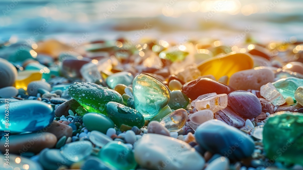 Colorful gemstones and sea glass on beach shore, close-up of polished ...