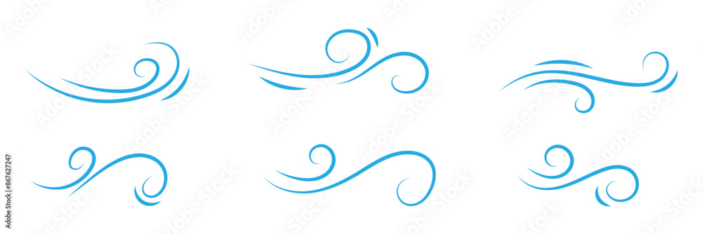 Doodle air wind motions, windy storm blows and hurricane flow waves and ...