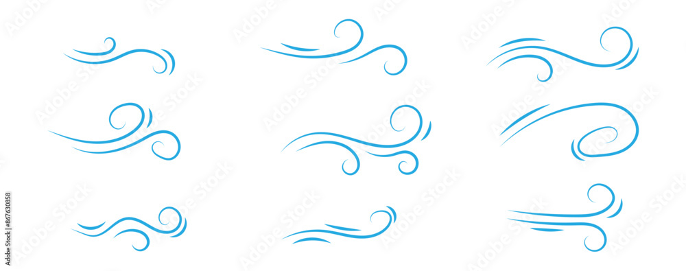 Doodle air wind motions, windy storm blows and hurricane flow waves and ...