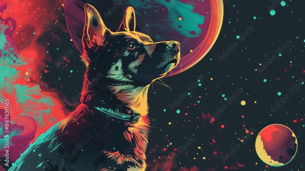 charming space-themed illustration of an adorable dog floating in a ...
