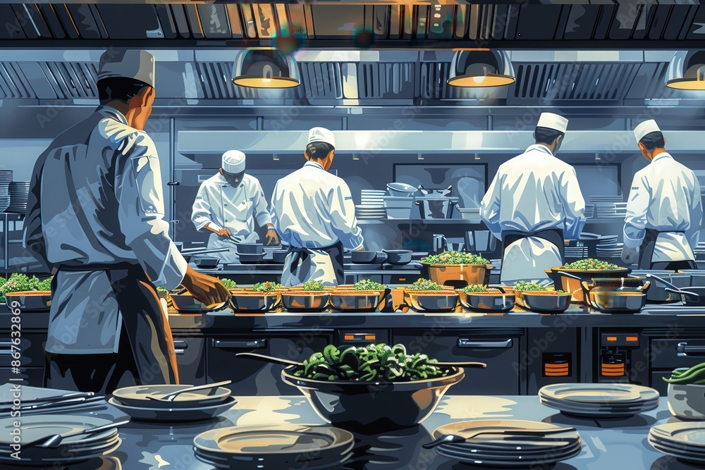 Clipart illustration of Behind the Scenes in Hotel Kitchen A busy ...
