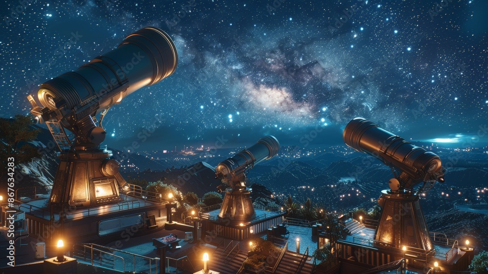 Large observatory telescopes set under a clear, starry night sky with ...