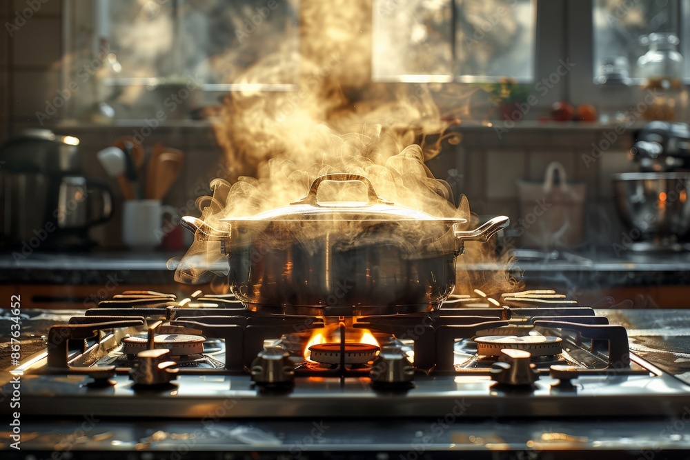 The warm sunlit kitchen scene captures an atmospheric ambiance with a ...
