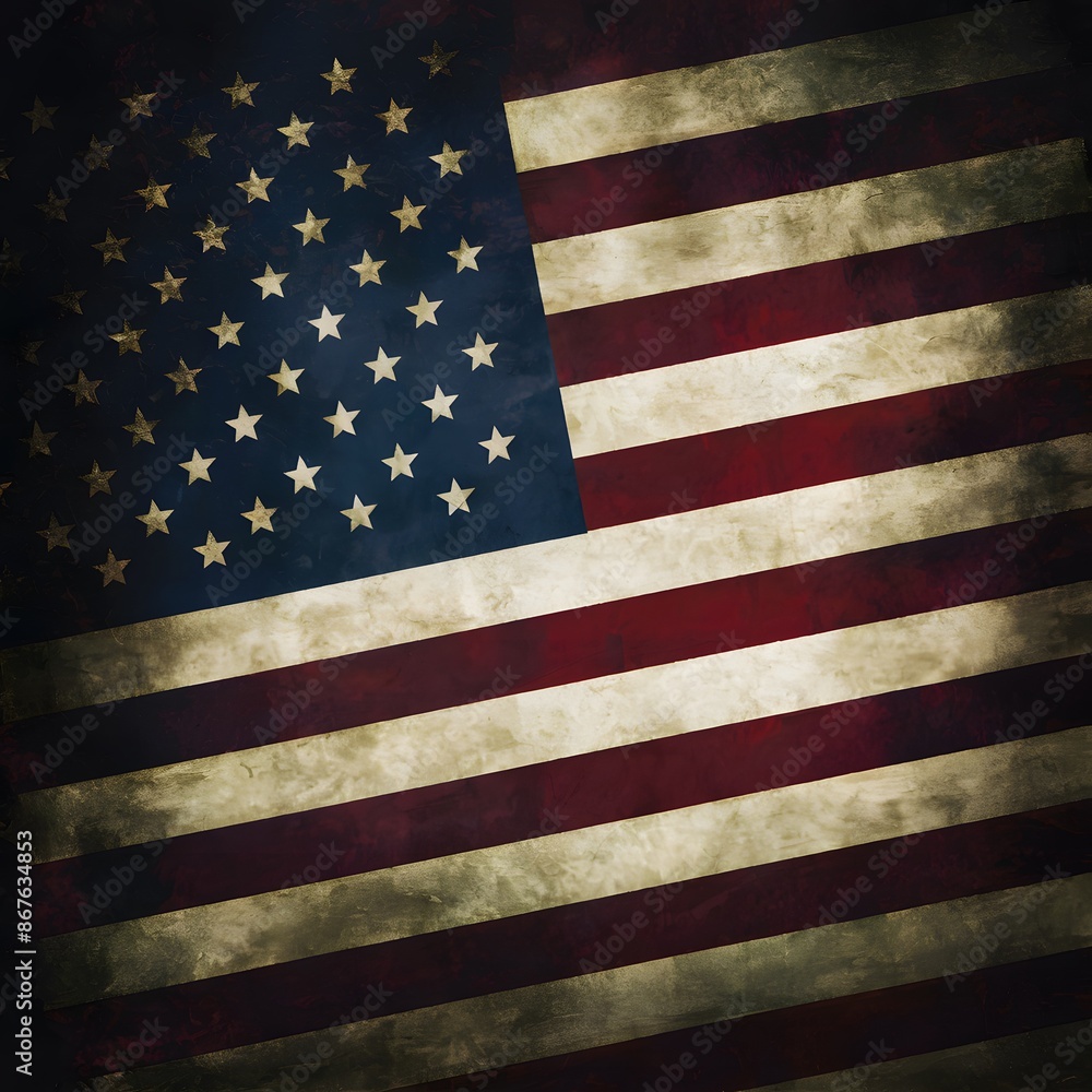 American Flag Red and white stripes, blue rectangle with stars on sepia ...