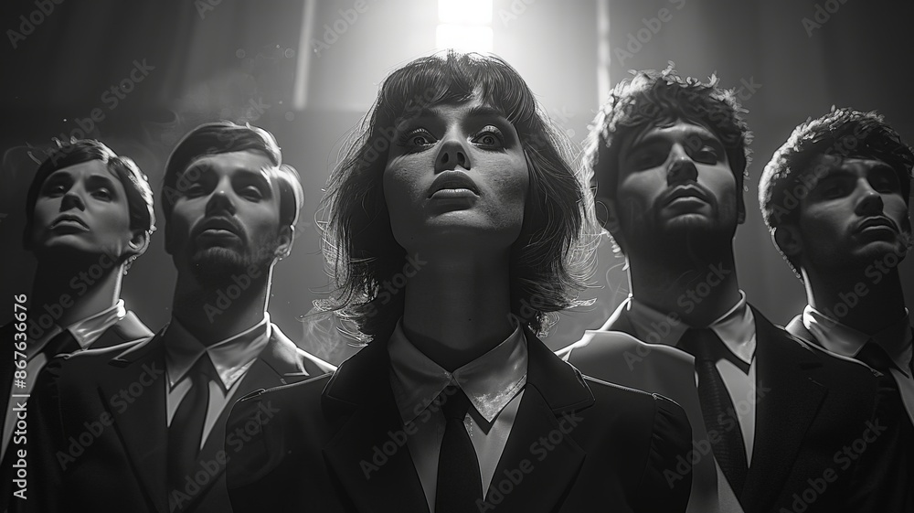 Monochromatic image of a group of five people dressed in formal attire ...