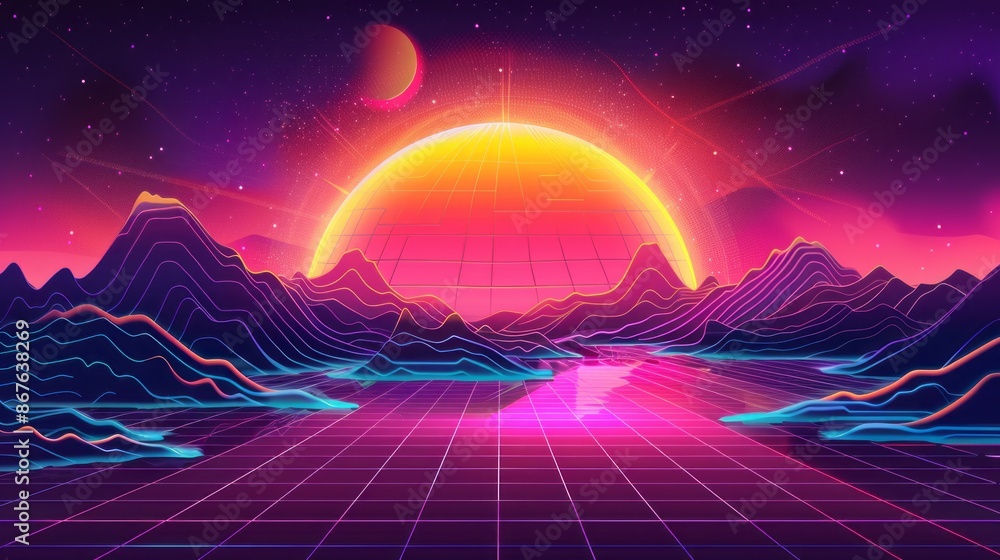 Retro neon synthwave arcade game background with techno mountain ...