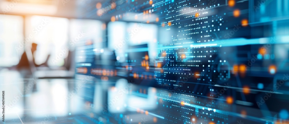 Abstract digital interface in a modern office setting with code and ...