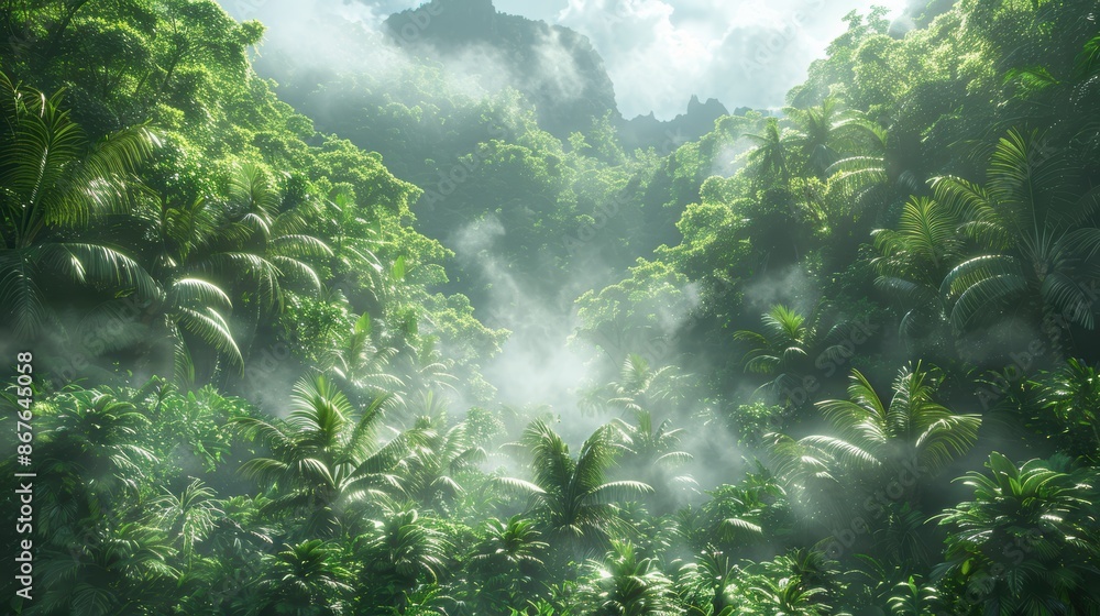 Lush tropical jungle with dense green foliage and mist, creating an ...