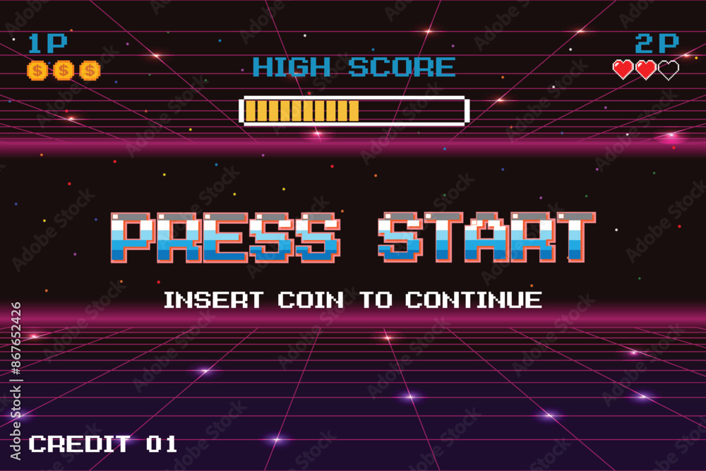 PRESS START INSERT A COIN TO CONTINUE .pixel art .8 bit game. retro ...