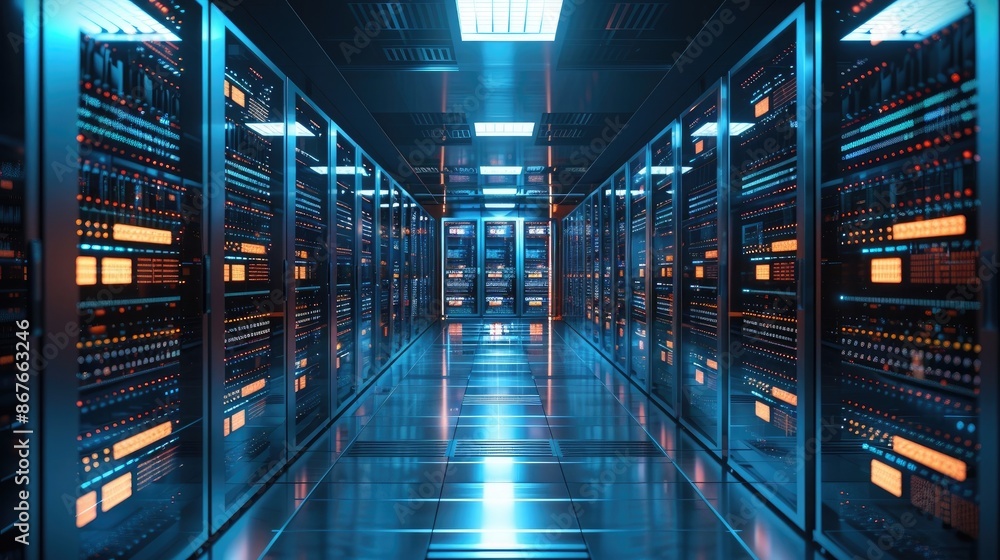 Server room with rows of blade servers for high-performance computing Stock Photo | Adobe Stock