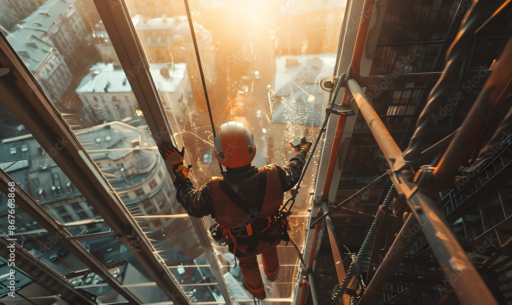 Window cleaner wearing seat belts at high altitude overlooking city ...