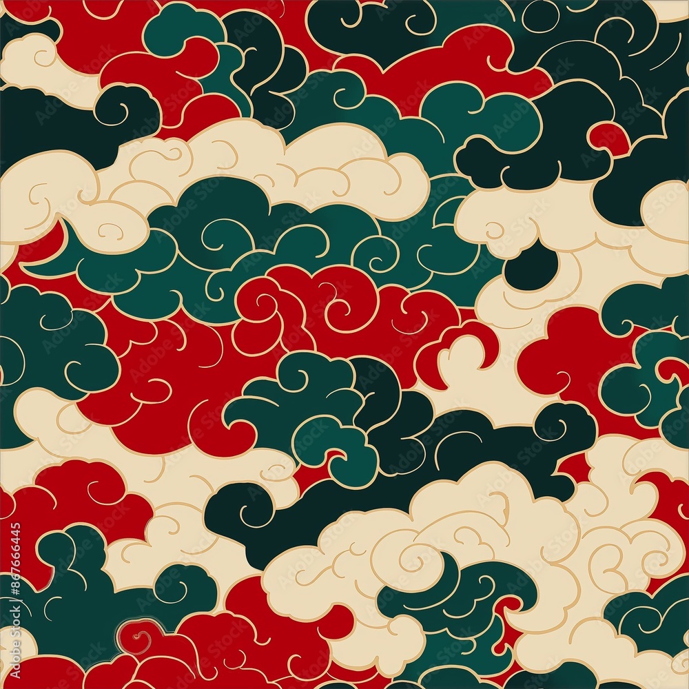 Vietnamese traditional cloud pattern in red and dark turquoise ...