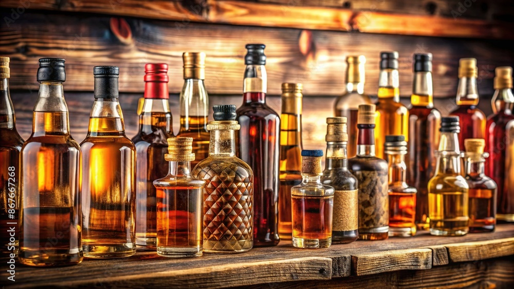 Vibrant collection of miniature whisky bottles with unique labels and ...