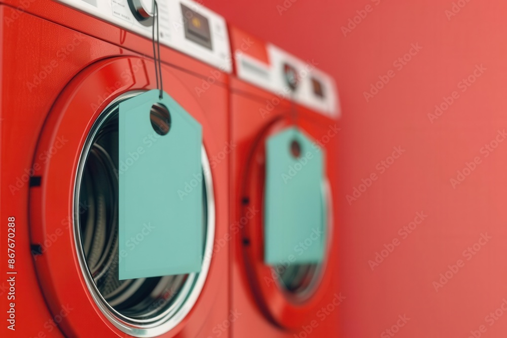 Red washing machines with turquoise tags on a red background, creating ...