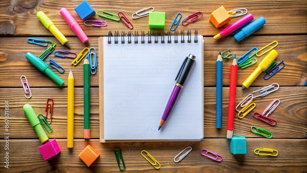 Blank white notebook and colored pens laid on a wooden desk surrounded ...