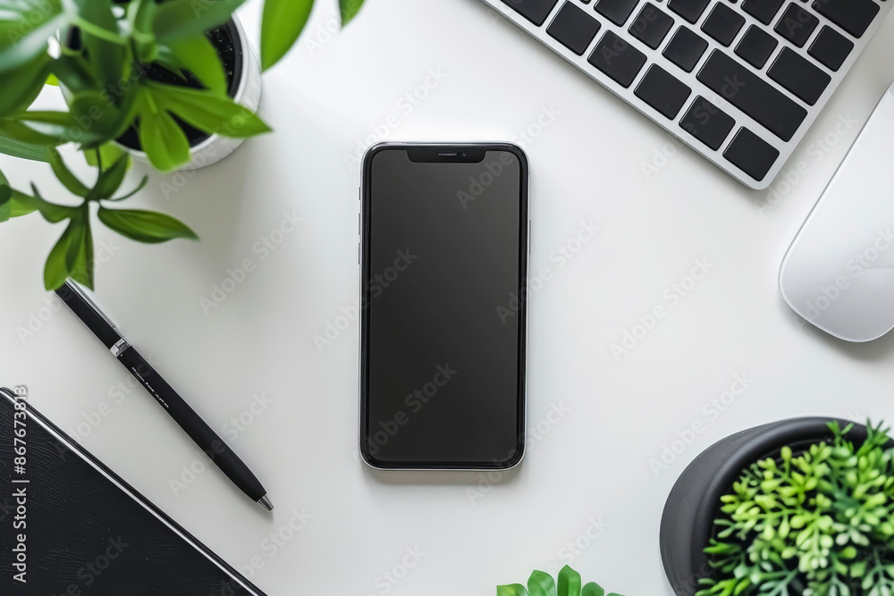 Smartphone or phone mockup. Top down view of a minimalist office with ...