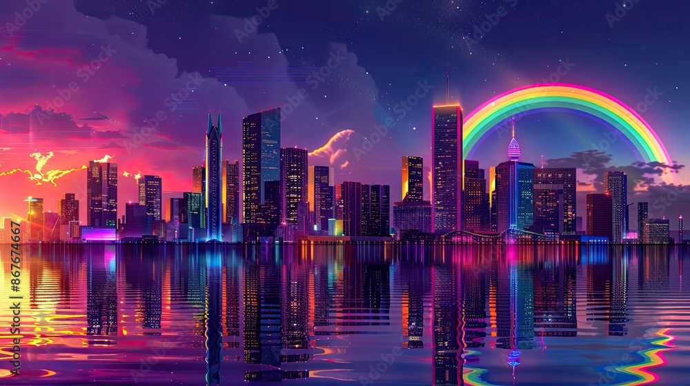 Retro 80s synthwave cityscape with LGBTQ symbols and vibrant colors ...