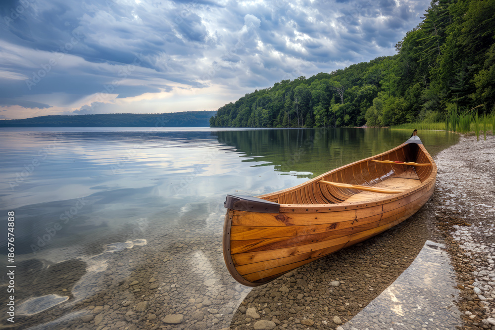 Handmade wooden kayak on the rocky shore of a beautiful lake close up ...