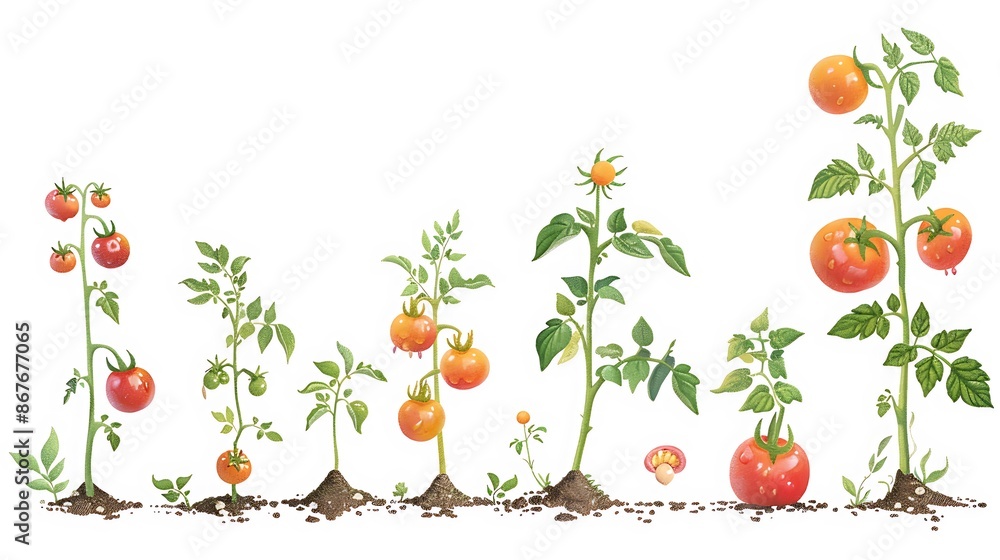 Series of illustrations lifecycle of Tomato Plant Solanum lycopersicum ...