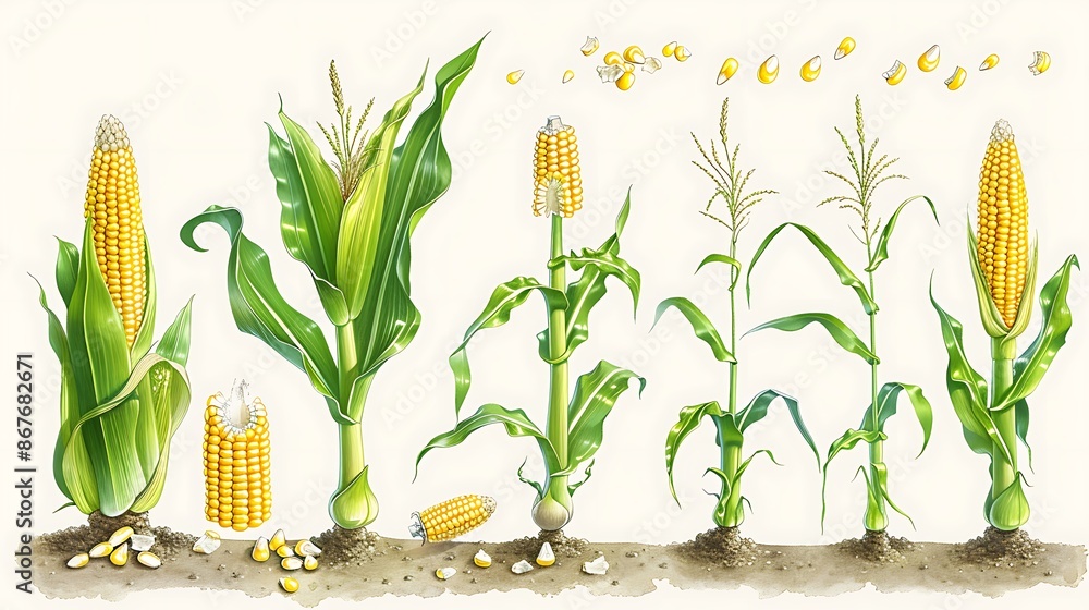 Series of illustrations lifecycle of Corn Plant Zea mays highlighting ...