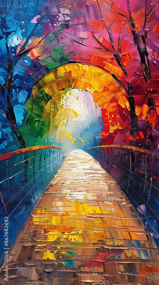 Vibrant painting of a bridge and trees with a rainbow array of colors ...