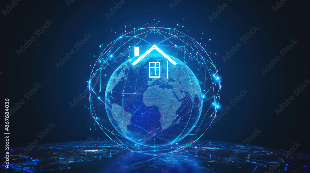 House and blue globe. Internet access concept. Digitally connected home ...
