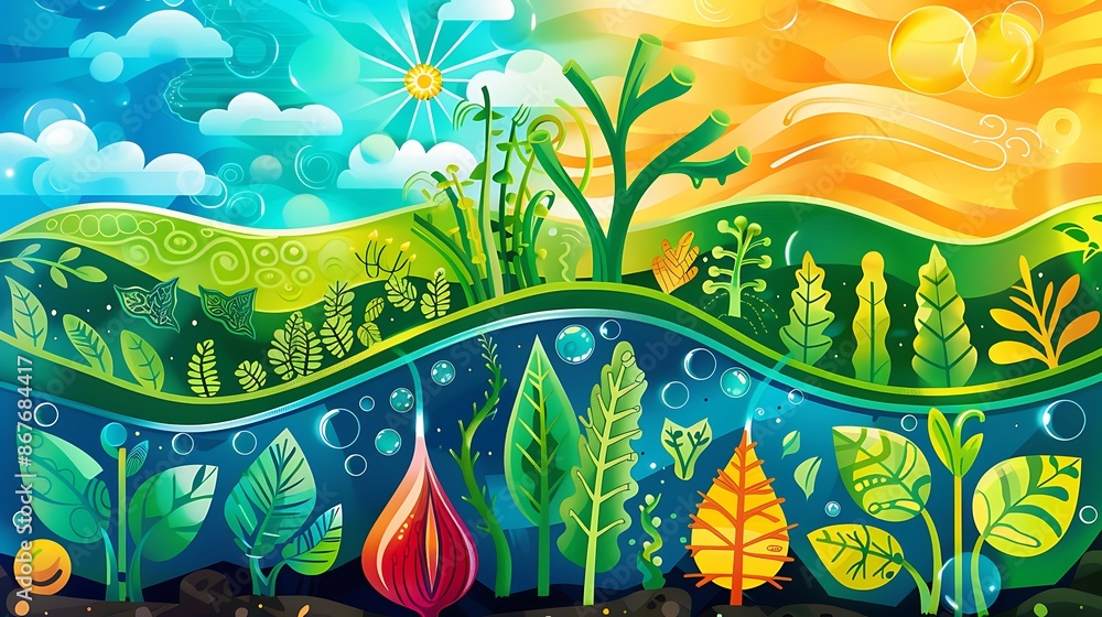 Visual aid illustrating the process of photosynthesis in plants showing ...