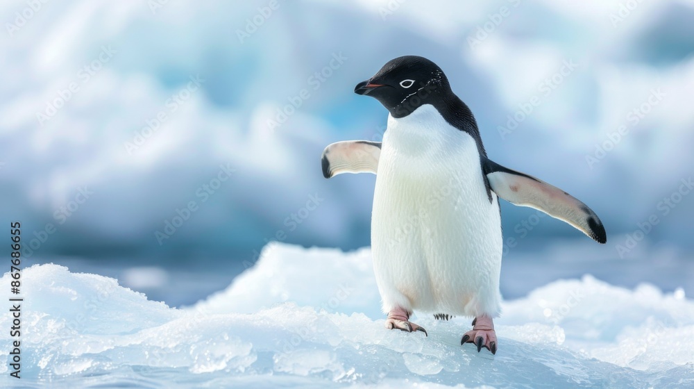 A detailed photograph of a penguin standing firmly on ice with a clear ...