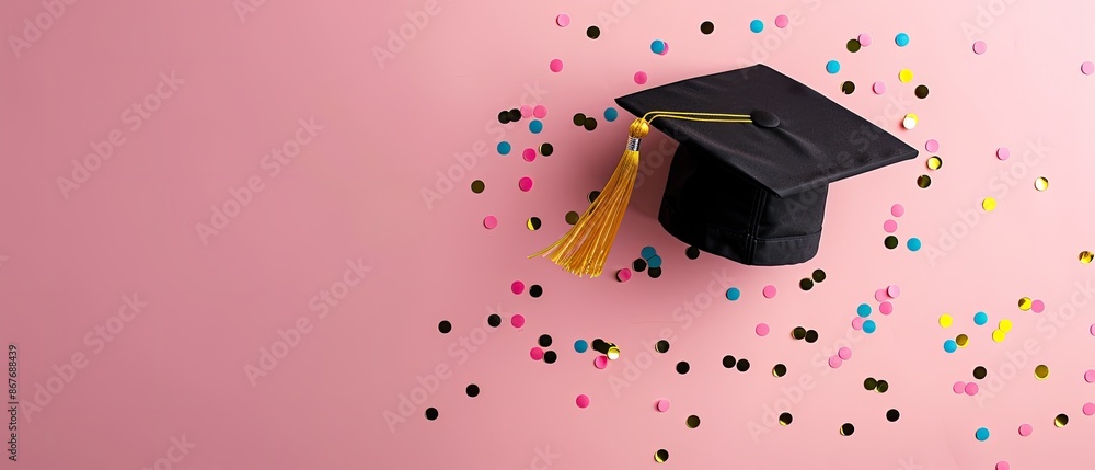 Graduation cap with confetti and ample copyspace on a celebratory ...
