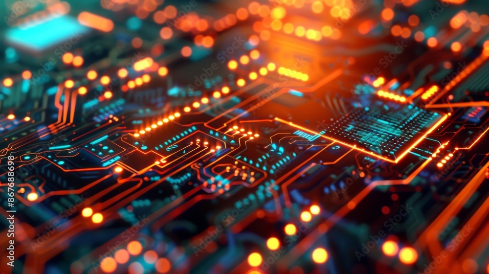 An advanced circuit board with glowing blue and orange elements ...