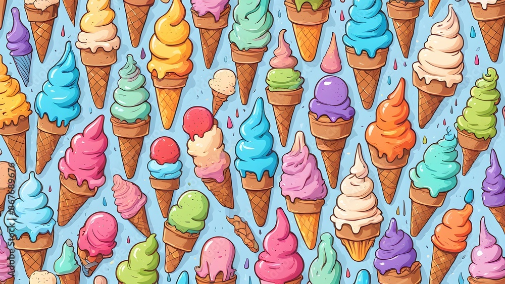 A colorful ice cream pattern with many different flavors of ice cream ...