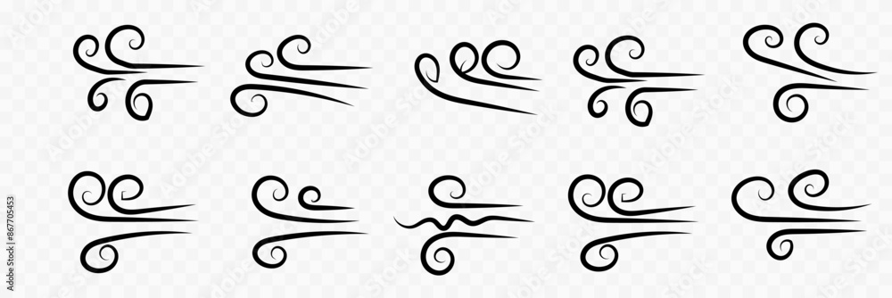 Doodle air wind motions, windy storm blows and hurricane flow waves and ...