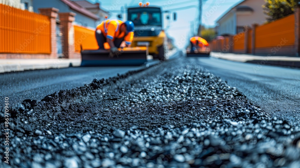 Worker are laying new asphalt road pavement in residential area. New ...