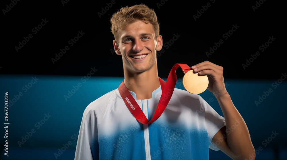 The young adult man was happy to receive a gold medal with a ribbon for ...
