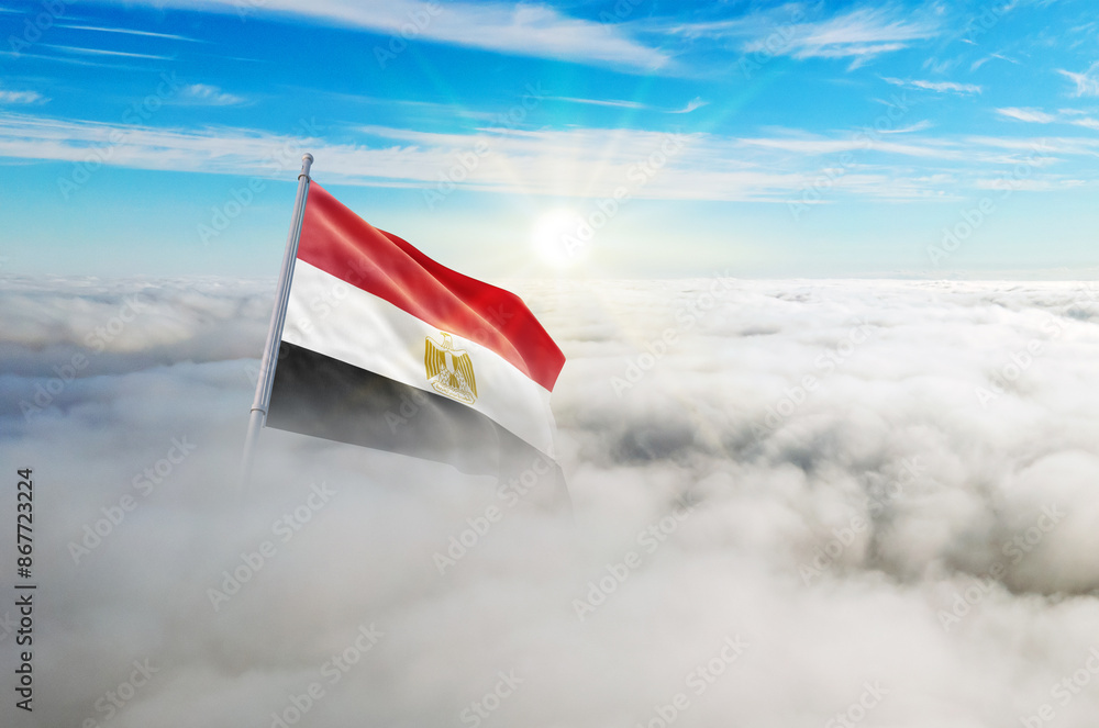 Egypt flag aerial view in beautiful sky with clouds. Top-down drone ...
