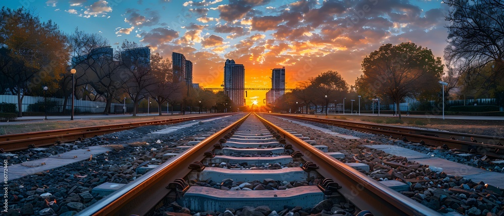Beautiful sky and sunrise on the beautiful train tracks passing through ...