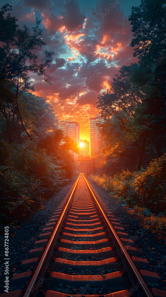 Beautiful sky and sunrise on the beautiful train tracks passing through ...