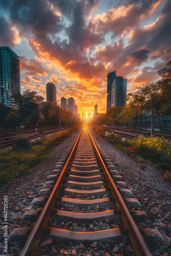 Beautiful sky and sunrise on the beautiful train tracks passing through ...