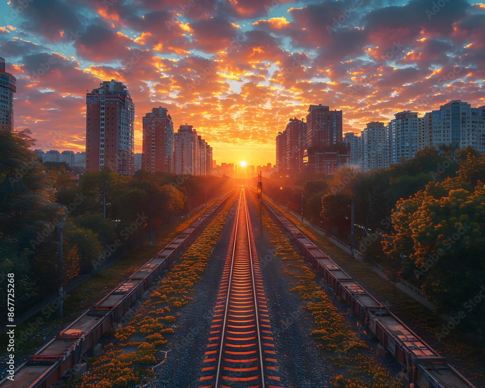 Beautiful sky and sunrise on the beautiful train tracks passing through ...
