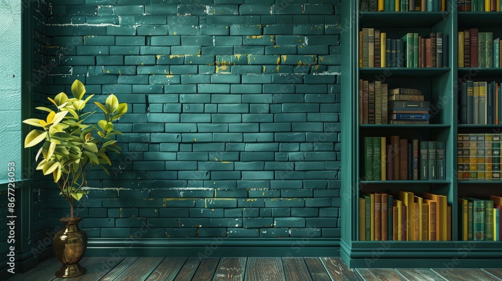 Modern brick walls and a beautiful living room with a deep teal library ...