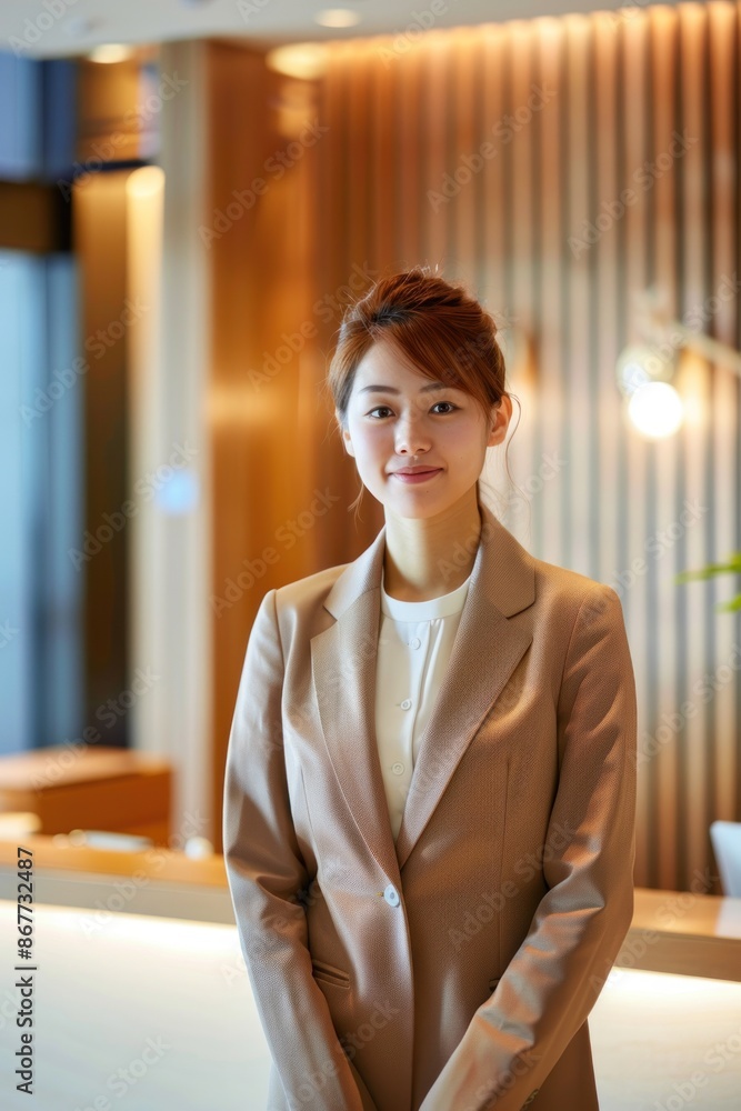 Portrait of a Japanese receptionist greeting clients in a modern lobby ...
