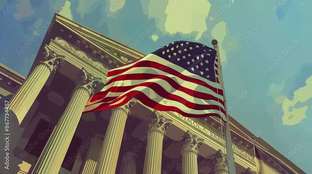 American flag waving in front of a courthouse, symbolizing justice and ...
