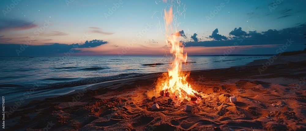 Summer night bonfire on the beach, friends gathered around, roasting ...