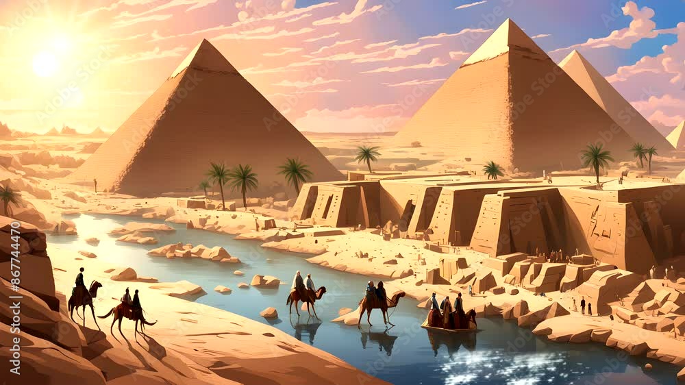 Animation of an ancient Egyptian Landscape, with Pyramids and rivers ...