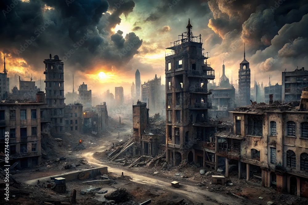 Desolate war-torn cityscape with crumbling buildings, shattered windows ...